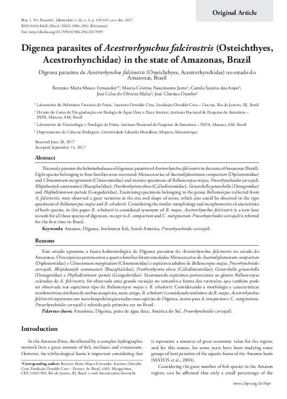 (PDF) Digenea parasites of Acestrorhynchus falcirostris (Osteichthyes ...
