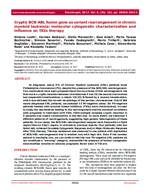 (PDF) Cryptic BCR-ABL fusion gene as variant rearrangement in chronic ...