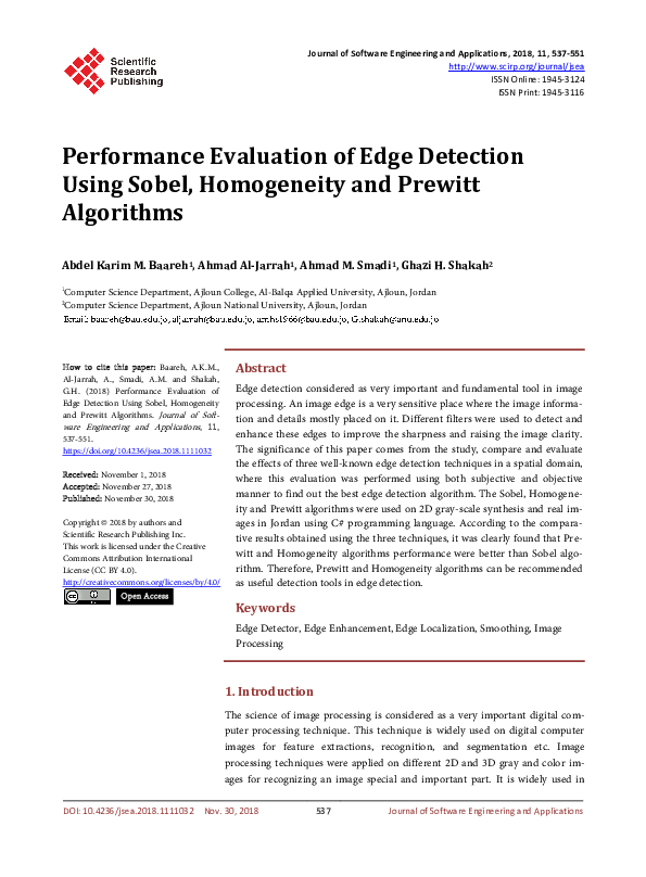 (PDF) Performance Evaluation of Edge Detection Using Sobel, Homogeneity and Prewitt Algorithms