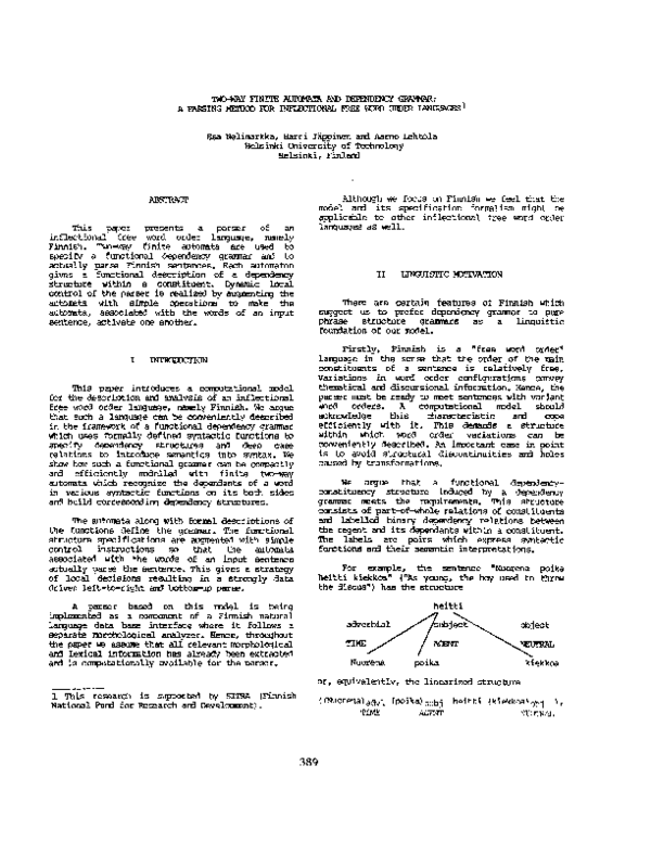 Pdf Two Way Finite Automata And Dependency Grammar