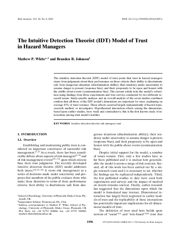 (PDF) The Intuitive Detection Theorist (IDT) Model of Trust in Hazard ...