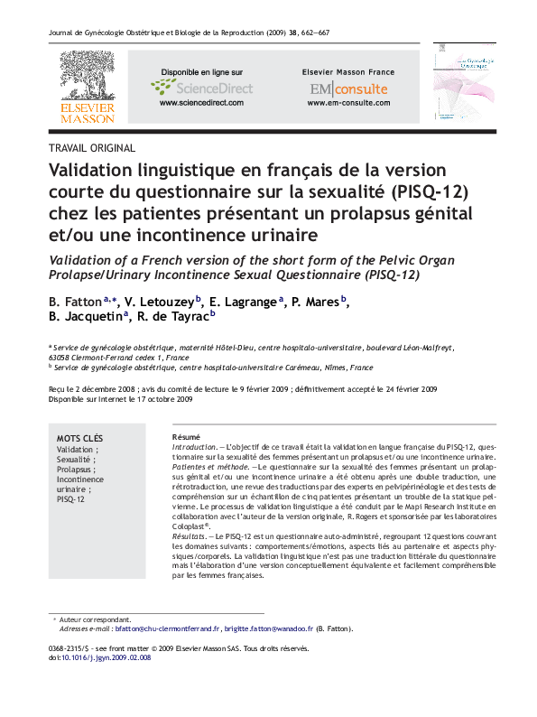 (PDF) [Validation of a French version of the short form of the Pelvic ...