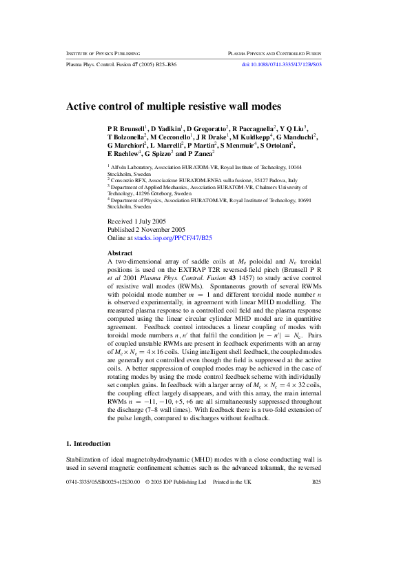 (PDF) Active control of multiple resistive wall modes