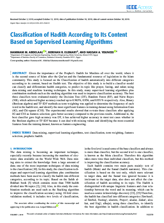 Pdf Classification Of Hadith According To Its Content Based On Supervised Learning Algorithms