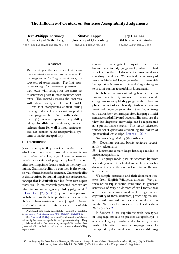 (PDF) The Influence of Context on Sentence Acceptability Judgements