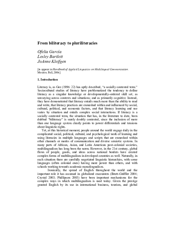 (PDF) From biliteracy to pluriliteracies