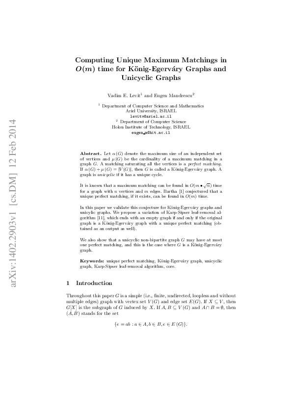 (PDF) Computing Unique Maximum Matchings in O(m) time for Konig-Egervary Graphs and Unicyclic Graphs