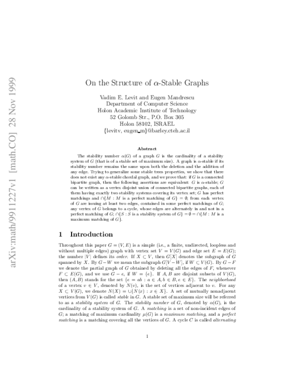 (PDF) On the Structure of $ alpha $-Stable Graphs
