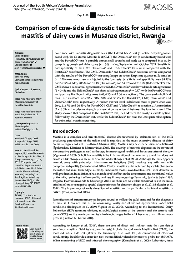 (PDF) Comparison of cow-side diagnostic tests for subclinical mastitis ...