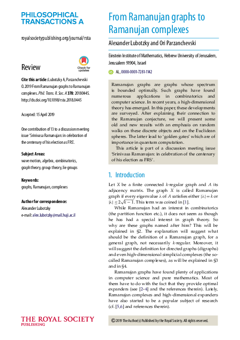 (PDF) Ramanujan Graphs and Complexes: A Survey