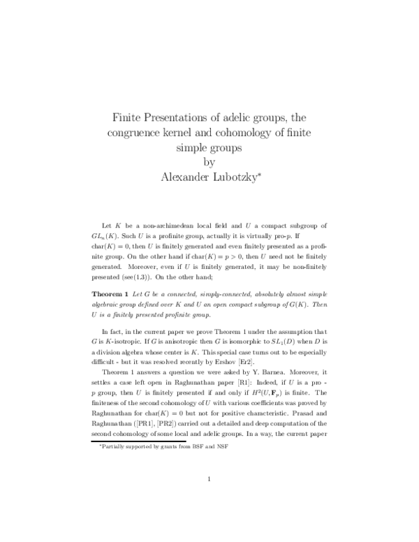 (PDF) Finite Presentations of adelic groups, the congruence kernel and cohomology of finite ...