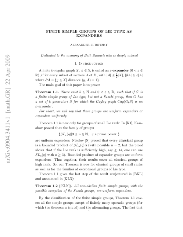 (PDF) Finite simple groups of Lie type as expanders