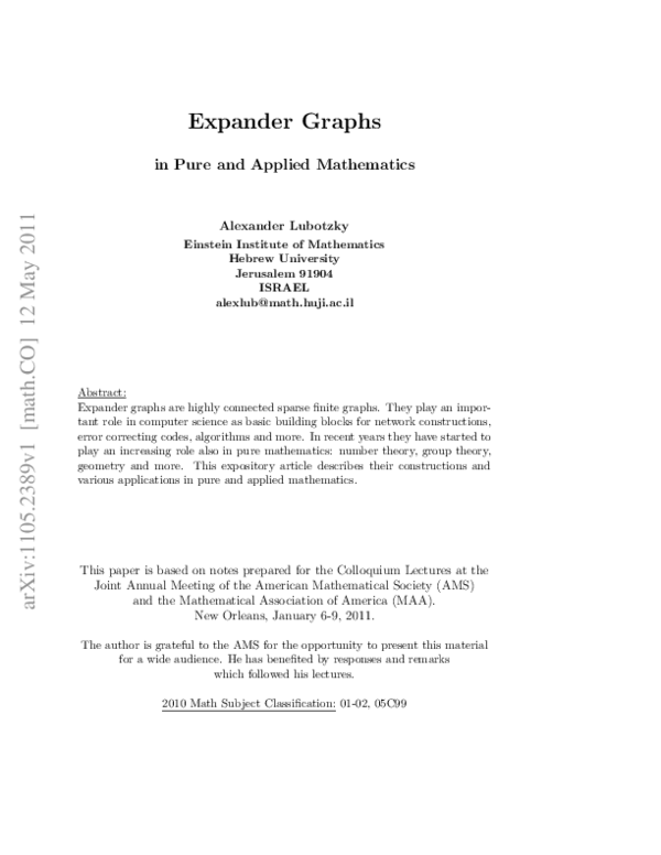 (PDF) Expander graphs in pure and applied mathematics