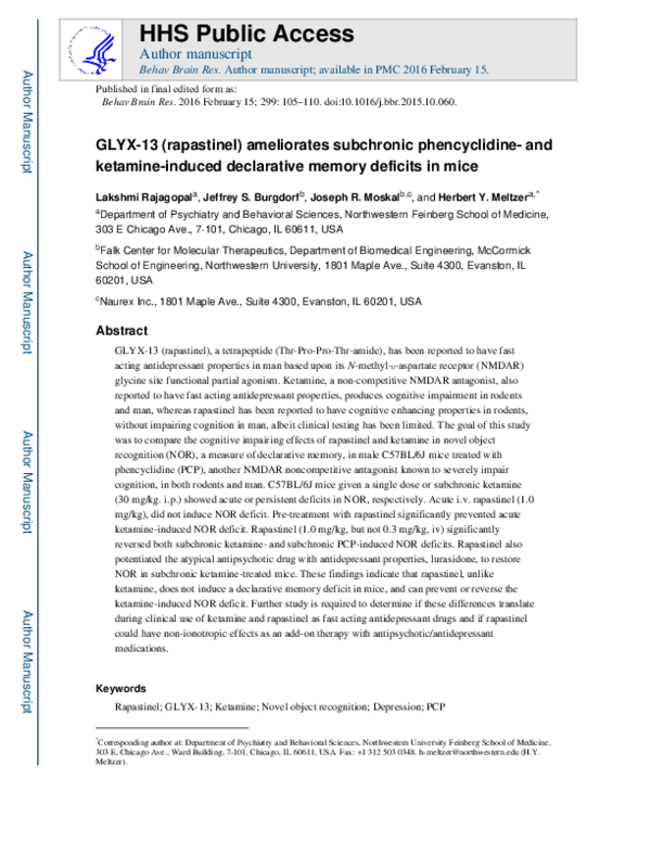 (PDF) GLYX-13 (rapastinel) ameliorates subchronic phencyclidine- and ...