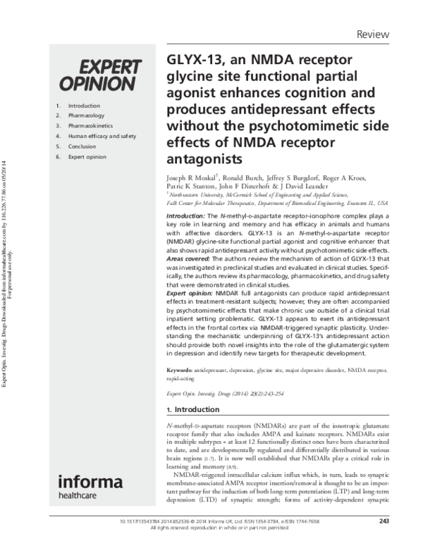 (PDF) GLYX-13, an NMDA receptor glycine site functional partial agonist ...