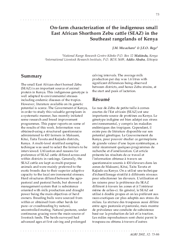 (PDF) On-farm characterization of the indigenous small East African Shorthorn Zebu cattle (SEAZ ...