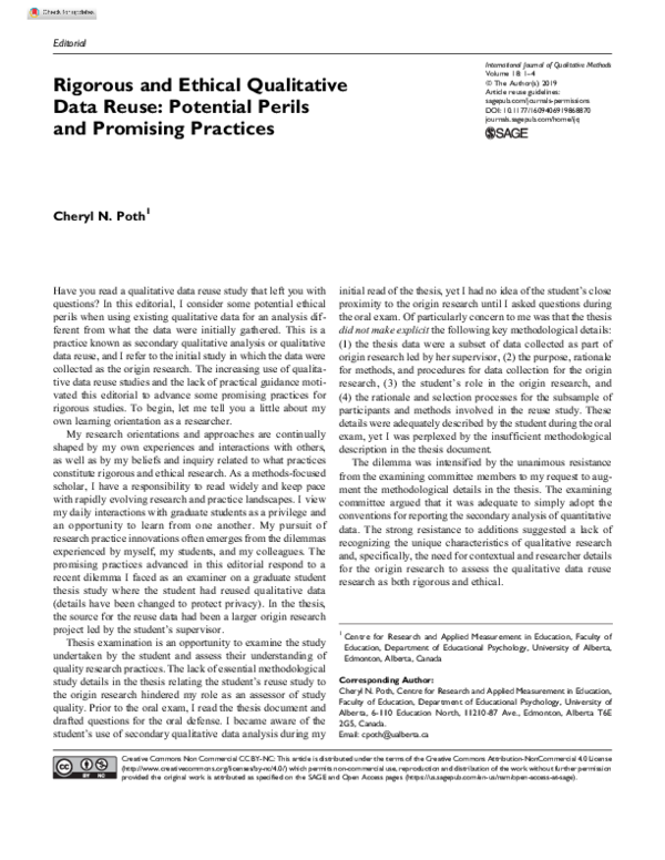 (PDF) Rigorous and Ethical Qualitative Data Reuse: Potential Perils and ...