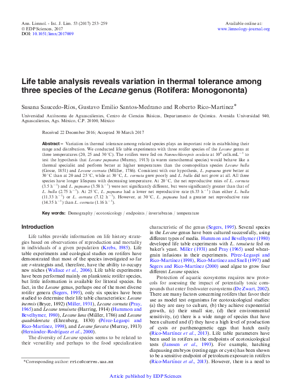 (PDF) Life table analysis reveals variation in thermal tolerance among ...