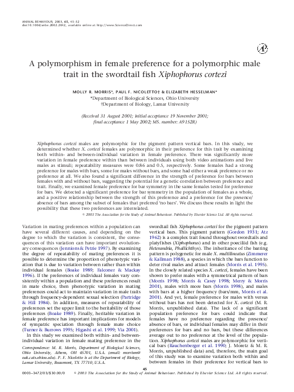 (PDF) A polymorphism in female preference for a polymorphic male trait ...