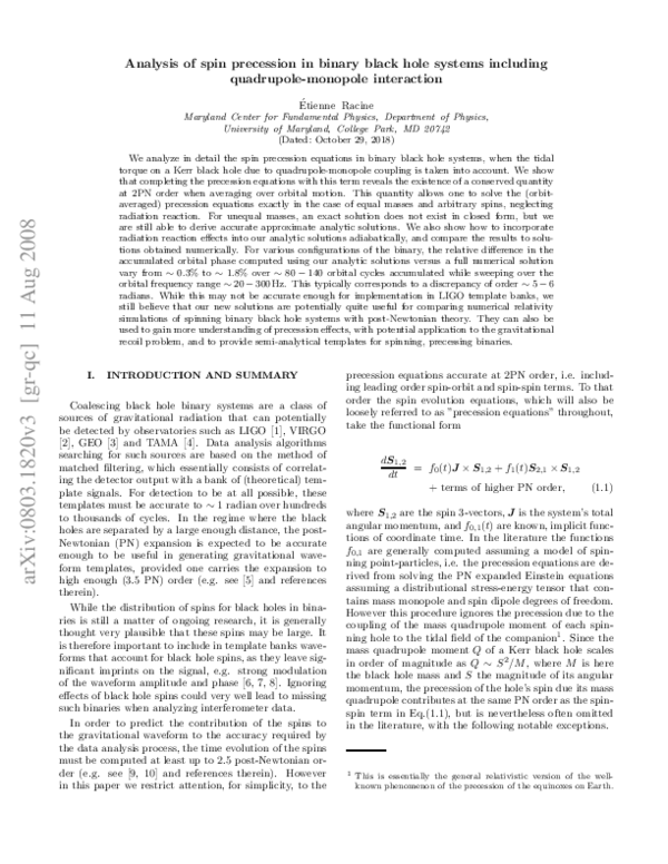 (PDF) Analysis of spin precession in binary black hole systems ...