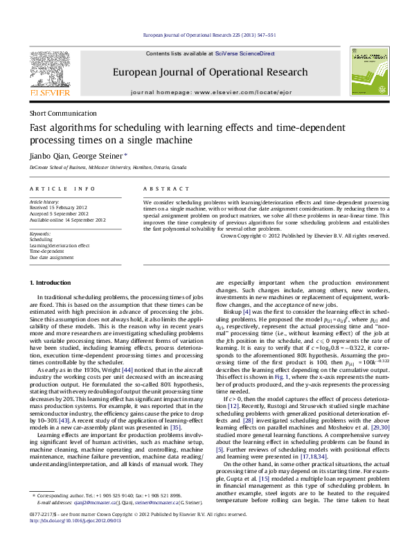 Pdf Fast Algorithms For Scheduling With Learning Effects And Time Dependent Processing Times