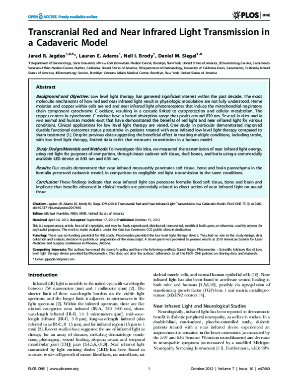 (PDF) Transcranial Red and Near Infrared Light Transmission in a ...