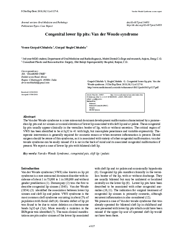(PDF) Congenital lower lip pits (Van der Woude syndrome)