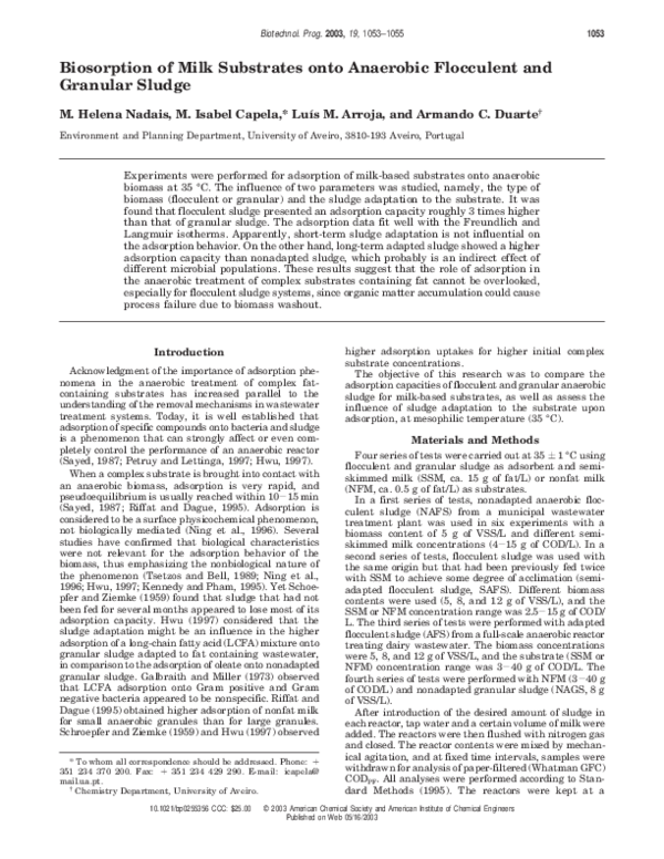 (PDF) Biosorption of Milk Substrates Onto Anaerobic Flocculent and ...