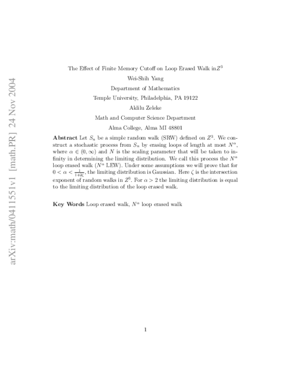 (PDF) The Effect of Finite Memory Cutoff on Loop Erased Walk in Z^3