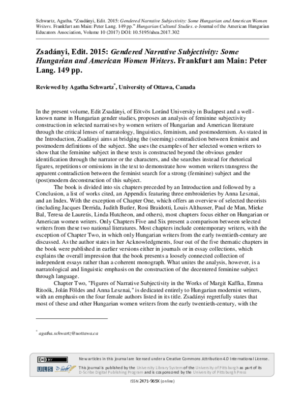 (PDF) Zsadányi, Edit. 2015: Gendered Narrative Subjectivity: Some ...