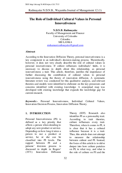 (PDF) The Role of Individual Cultural Values in Personal Innovativeness