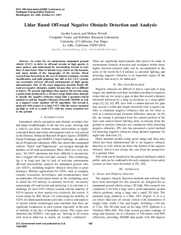 (PDF) Lidar based off-road negative obstacle detection and analysis