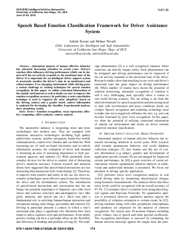 Pdf Speech Based Emotion Classification Framework For Driver