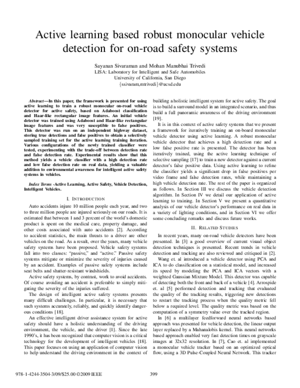 Pdf Active Learning Based Robust Monocular Vehicle Detection For On Road Safety Systems