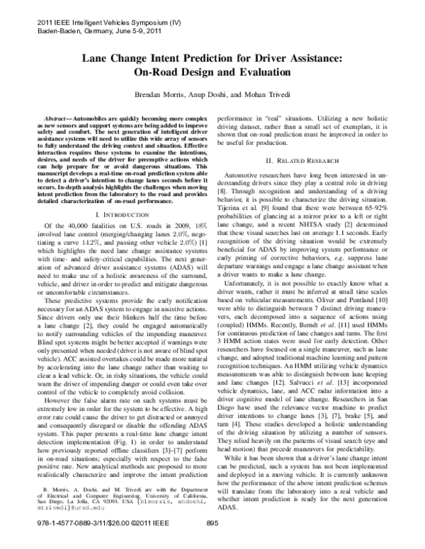 (PDF) Lane change intent prediction for driver assistance: On-road design and evaluation | Mohan ...