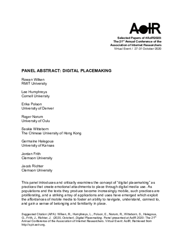 (PDF) Digital Placemaking | Erika Polson, rowan wilken, and Lee ...