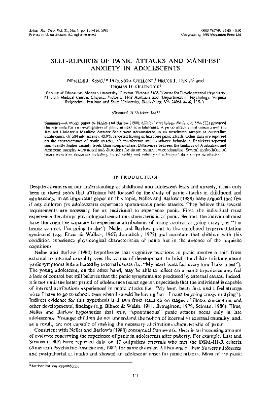 (PDF) Self-reports of panic attacks and manifest anxiety in adolescents
