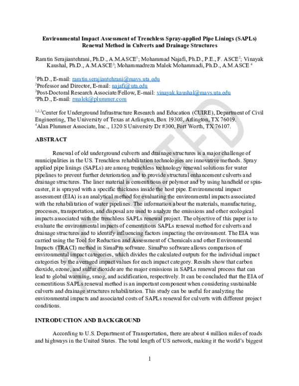 (DOC) Environmental Impact Assessment of Trenchless Spray-applied Pipe ...