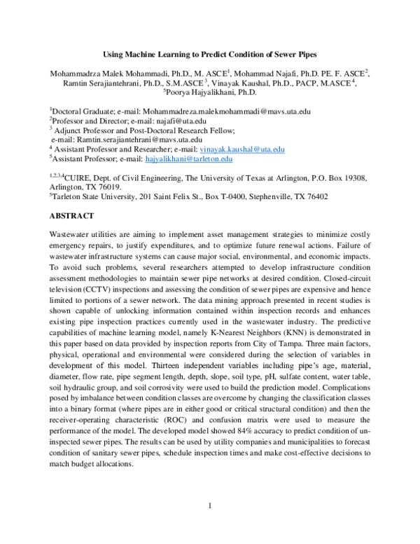 (PDF) Using Machine Learning to Predict Condition of Sewer Pipes