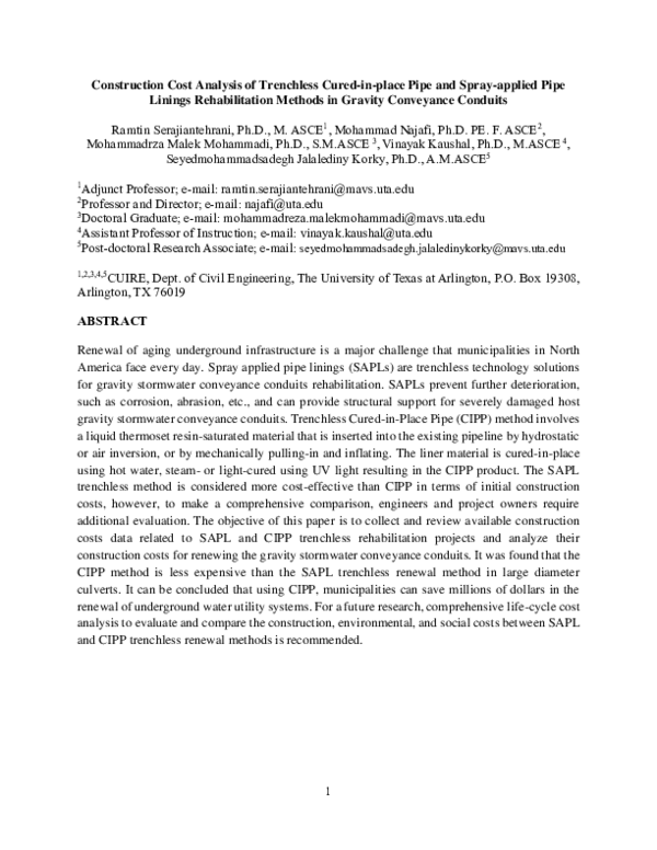 (PDF) Construction Cost Analysis of Trenchless Cured-in-place Pipe and ...