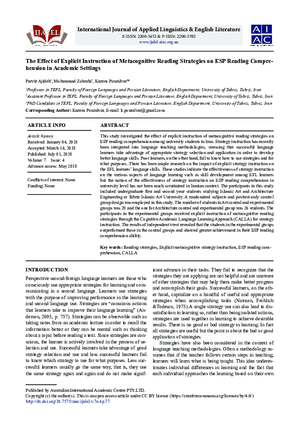 Pdf The Effect Of Explicit Instruction Of Metacognitive Reading Strategies On Esp Reading