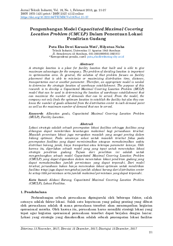 (PDF) Pengembangan Model Capacitated Maximal Covering Location Problem (CMCLP) Dalam Penentuan ...