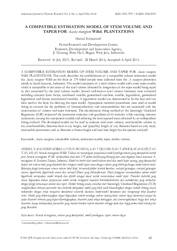 (PDF) A Compatible Estimation Model of Stem Volume and Taper for Acacia mangium Willd. Plantations