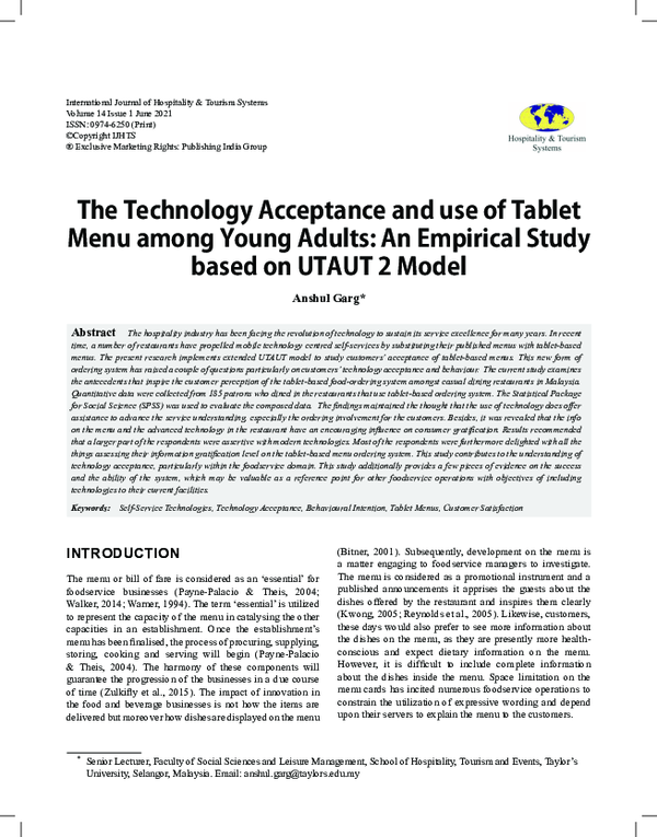 (PDF) The Technology Acceptance and use of Tablet Menu among Young ...