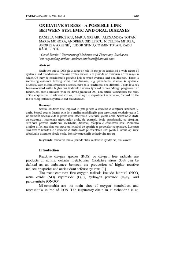 (PDF) Oxidative Stress -A Possible Link Between Systemic and Oral Diseases