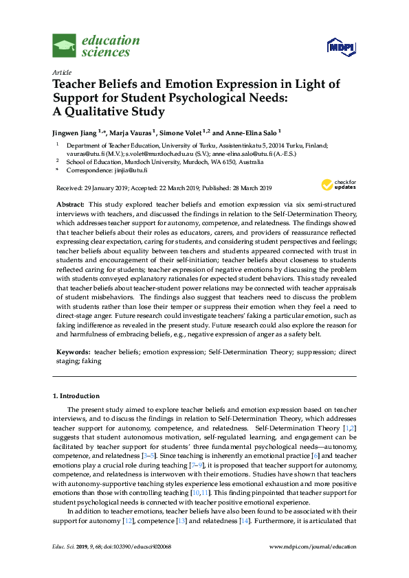 (PDF) Teacher Beliefs and Emotion Expression in Light of Support for Student Psychological Needs ...