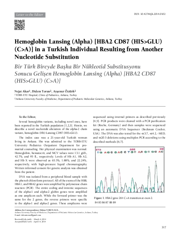 (PDF) Hemoglobin Lansing (Alpha) [HBA2 CD87 (HIS>GLU) (C>A)] in a ...