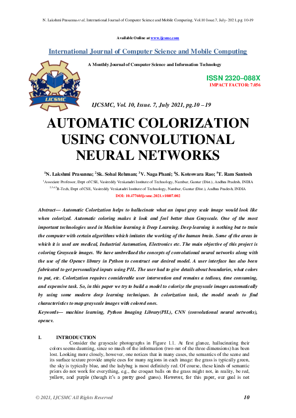 Pdf Automatic Colorization Using Convolutional Neural Networks Ijcsmc Journal
