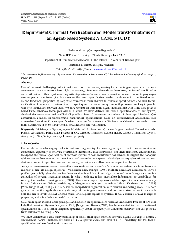 (PDF) Requirements, Formal Verification and Model transformations of an Agent-based System: A ...