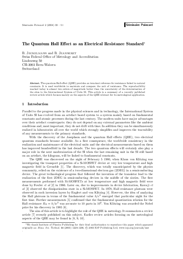 (PDF) The Quantum Hall Eect as an Electrical Resistance Standard